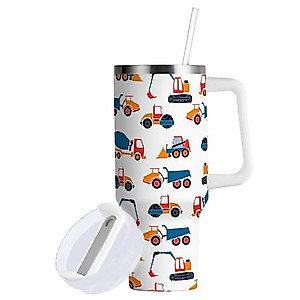 ARGTILDN 40 oz Tumbler Bulldozer Excavator Crane Tractor Insulated Travel Mug with Handle and Straw Lid Stainless Steel Vacuum Coffee Cup Tea Beverage Container Water Bottles for Car Sports office