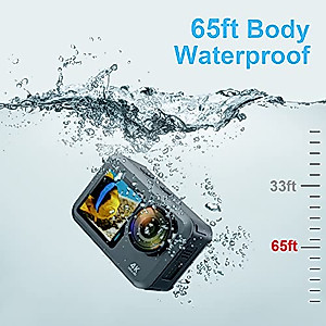 PEGY Dual Screen 4K Action Camera 60FPS 65ft Sports Camera,Underwater Camera for Snorkeling,6 Axis EIS,WiFi Touch Screen with 2 Batteries,32GB Memory Card,Helmet Mounting Accessories