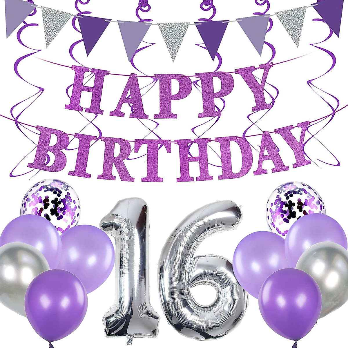 Cooshine 16th Birthday Party Decorations for Girls Purple and Silver, Light Purple Lavender Party Decoration with Happy Birthday Banner Trianguler Pennants Latex Confetti Balloons