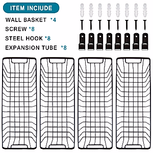 Farmhouse Metal Wire Bin Basket with Wall Mount - Small, 4 Pack - Portable Hanging Wall Basket, Rustic Home Storage Organizer for Cabinets, Pantry, Closets, Bathroom, Kitchen,Bedroom(Black)