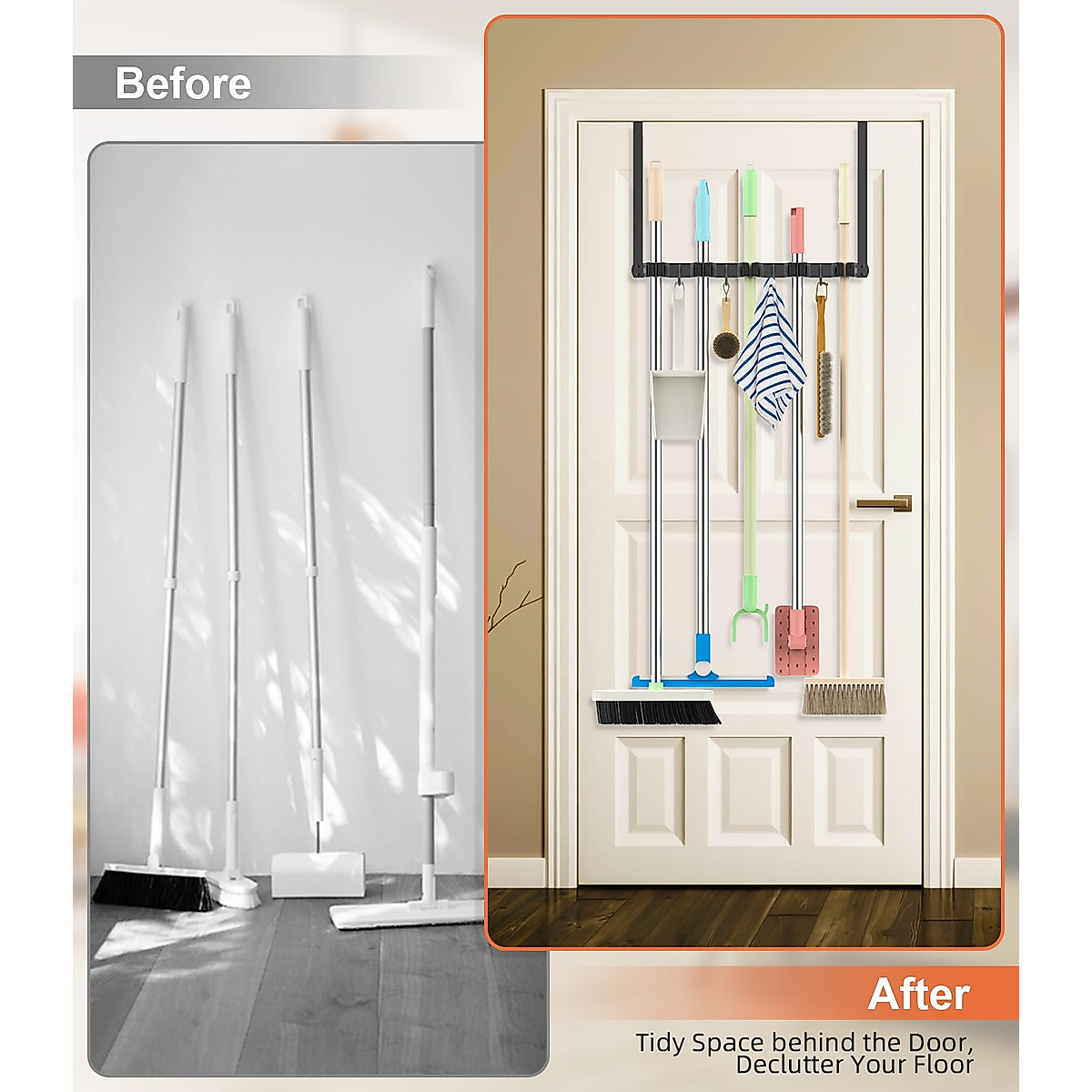 Broom Holder Over The Door-2PCS Drilling Free Mop and Broom Holder with 4 Over Door Hook, Metal Mop and Broom Holder Wall Mount Broom Storage Tool Organizer for Laundry Room Garage Kitchen Bathroom