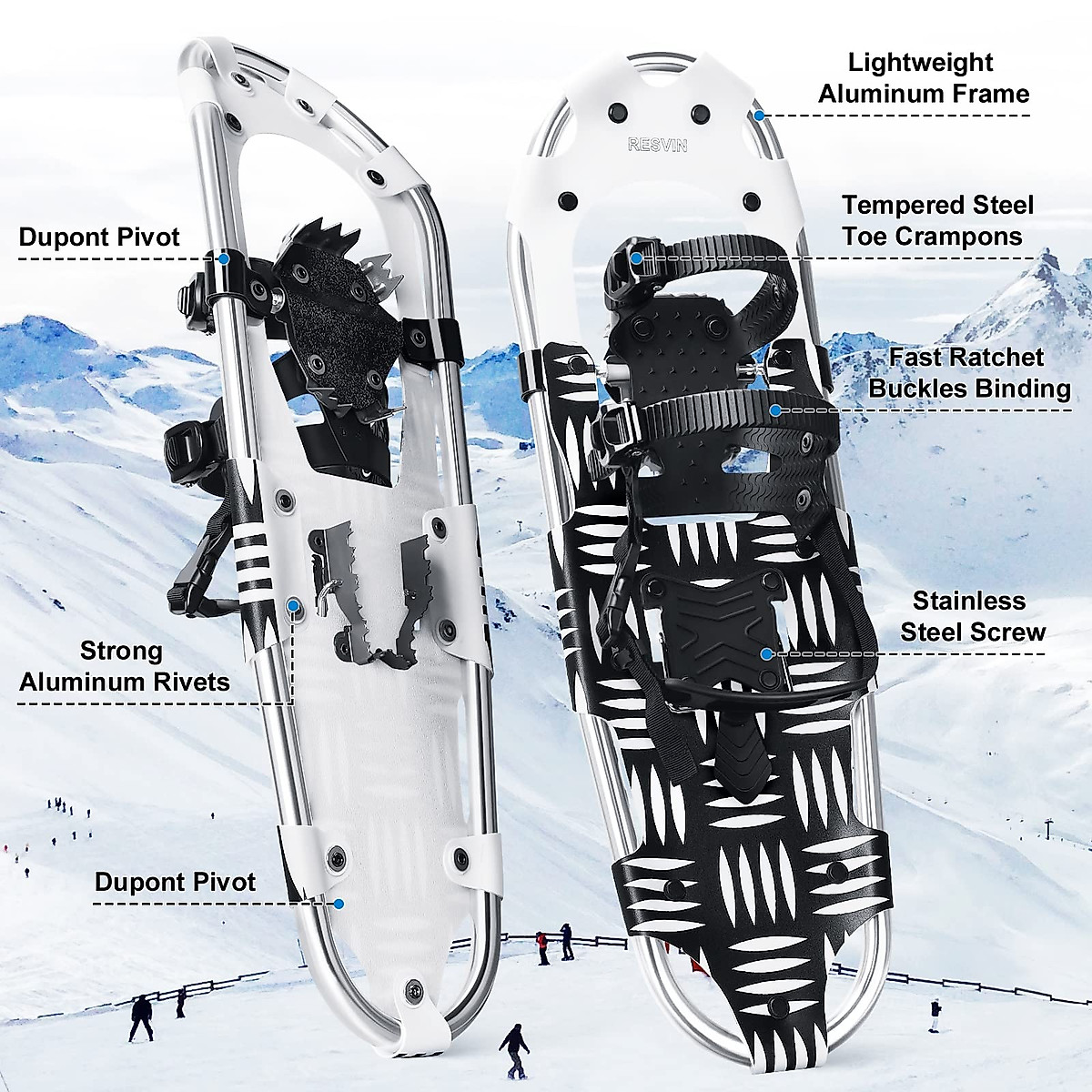 RESVIN 25/30 Inches Snow Shoes for Men Women Youth, Lightweight Aluminum Terrain Snowshoes with Special EVA Padded Ratchet Binding and Carrying Tote Bag