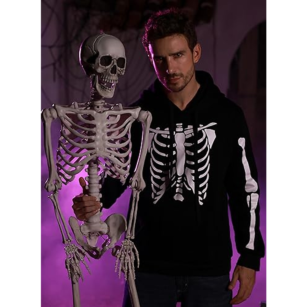 Arvilhill Men's Halloween Skeleton Black Pullover Party Costume Funny Hoodies Casual Sweatshirt M