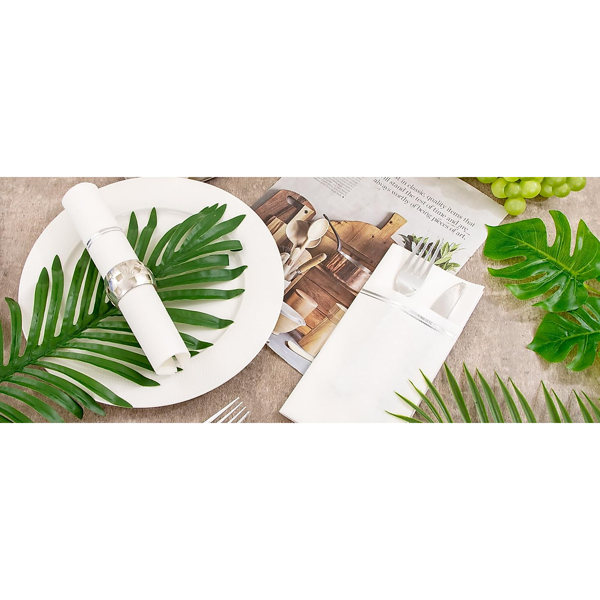 Nervure 100PCS Silver Paper Napkins with Built-in Flatware Pocket - White and Silver Prefolded Cloth Like Disposable Napkins - Heavy-duty Linen-Feel Dinner Napkins for Party & Wedding & Dinner