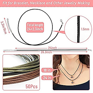 Necklace Cord, Paxcoo 50Pcs Necklace String Rope with Clasp, 24 Inch Waxed Cotton Cord Necklace Bulk for Charms Pendants, Bracelets, Necklaces, Jewelry Making Supplies and Beading Supplies