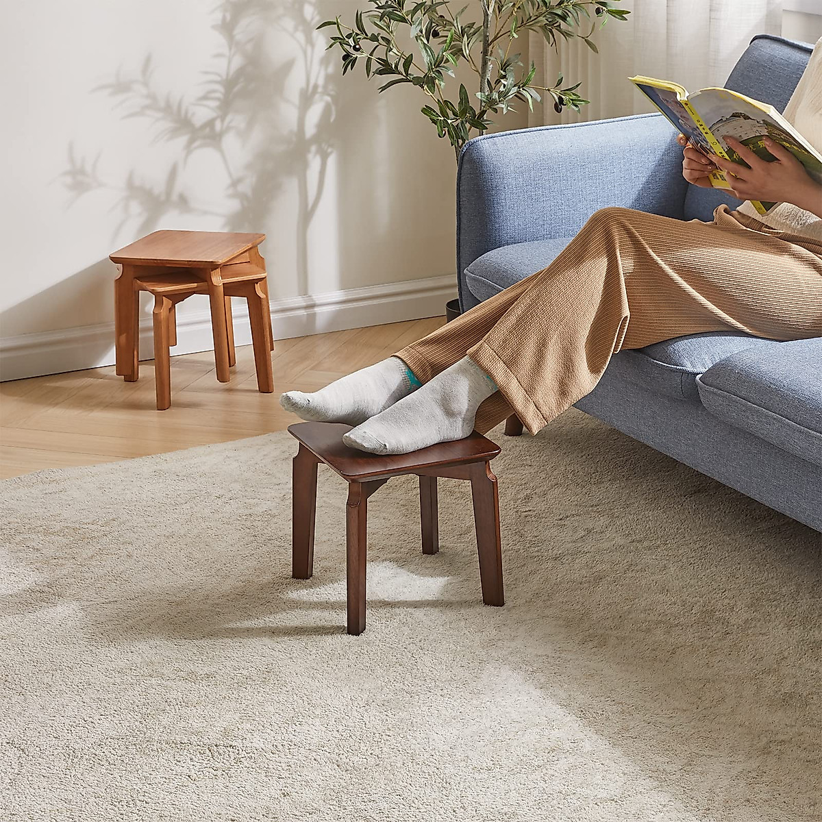 Aibiju Foot Stool 10inch, Mini Table Desktop Shelf, Wood Riser for Kitchen, Milking Stand, Toddler Step Stool, Small Short Stool, Holds up to 300lbs, Walnut Color SD-1002