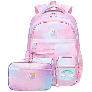 Backpacks for Girls School Cute Kids Backpack Bookbags with Insulated Lunch Box Set for School Elementary girl, Tie Dye School Bag with Laptop Compartments 16*11.5*7.5, Galaxy Pink
