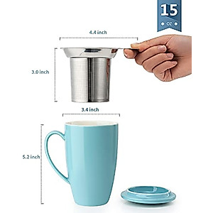 Sweese 15 OZ Porcelain Tea Mug with Infuser and Lid, Loose Leaf Tea Cup, Gifts for Tea Lover, Turquoise - 201.102