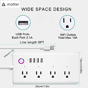 Smart Power Strip, Smart Plug with 4 AC Outlets and 4 USB Ports, WiFi Surge Protector Works with Alexa and Google Home, App/Remote/Voice Control, Schedule/Timer, White, 10A