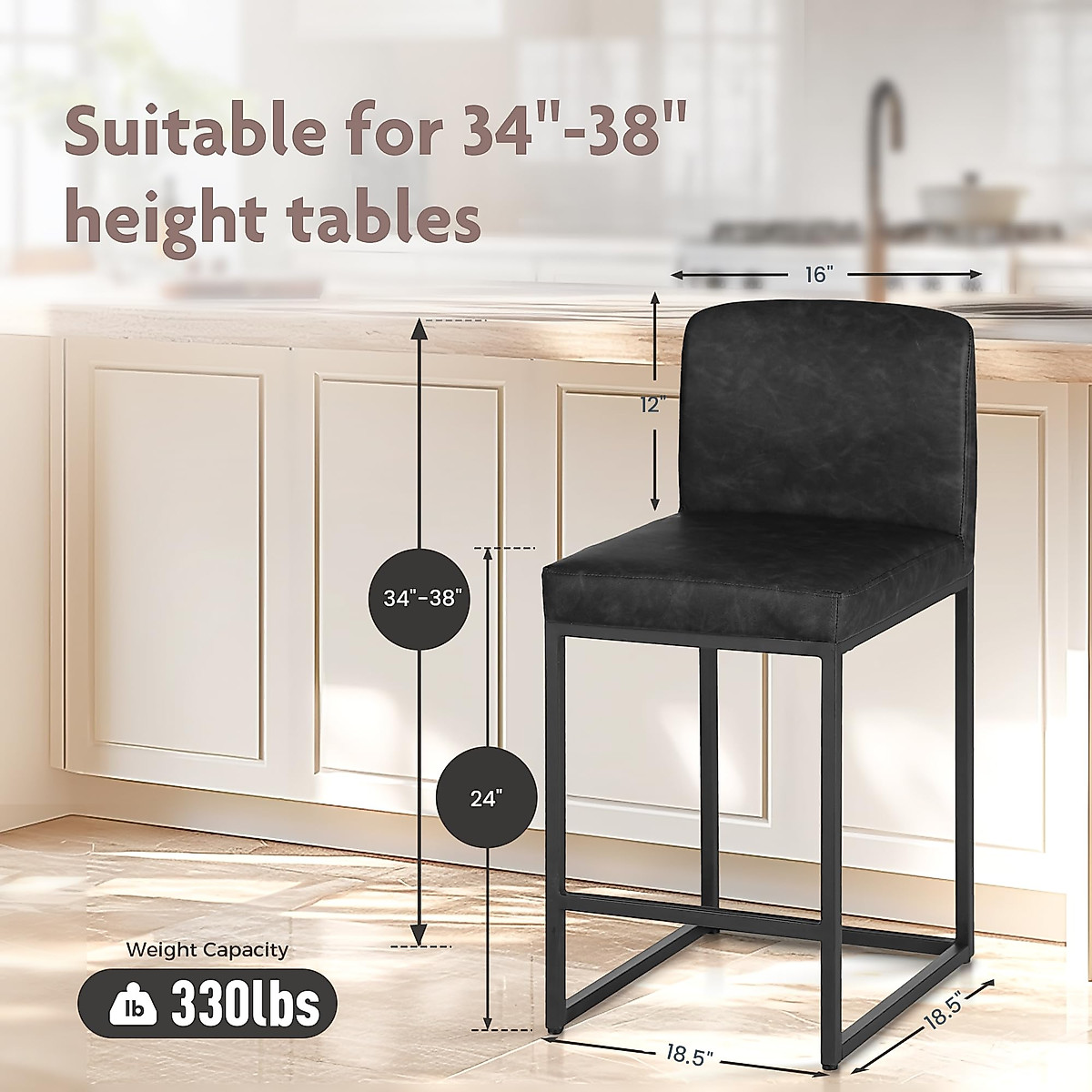 ALPHA HOME Counter Height Bar Stools, 24” Kitchen Counter Stools Set of 1, Pu Leather Kitchen Modern Bar Chairs with Back&Footrest, Sturdy Chromed Metal Steel Frame, Black