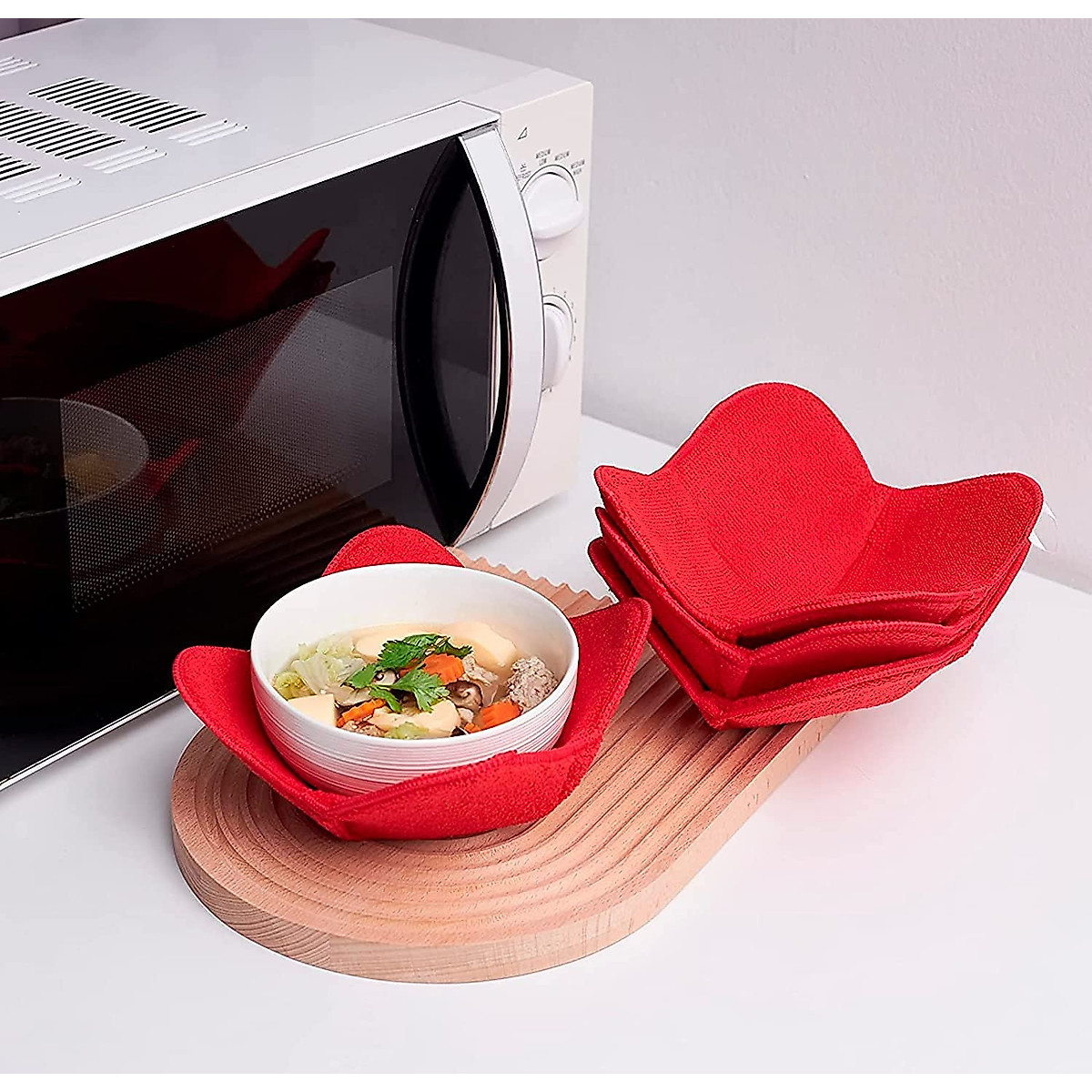 ULVEOL Set of 2 Red Microwave Bowl Cloth Hot Pads Pot Holders Hot Pad Pot Holder Microwavable Bowl Cozies for Food, Ooma, Ramen Bowl Cozy or Soup Koozie, Good Kitchen Accessories, Gadgets