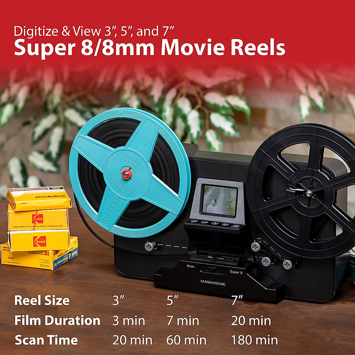 Magnasonic Super 8/8mm Film Scanner, Converts Film into Digital Video, Vibrant 2.3" Screen, Digitize and View 3", 5" and 7" Super 8/8mm Movie Reels (FS81)