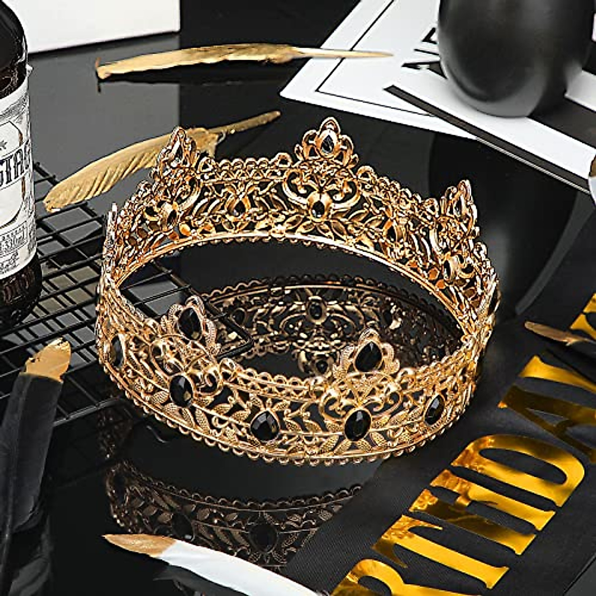Birthday King Crown for Men Men Crown King Pageant Crown Birthday Crown and Birthday King Sash Party Decoration Prom Birthday Gift for Men (Gold with Black, 6 x 6 Inches)