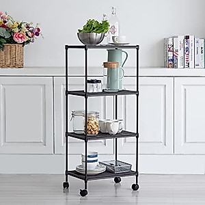 OVICAR 4-Tier Wire Storage Shelves, Adjustable Shelving Units with Wheels, Steel Metal Storage Rack for Kitchen Pantry Closet Laundry, Durable Organizer Garage Tool Storage Shelf (Black, 4 Tiers)