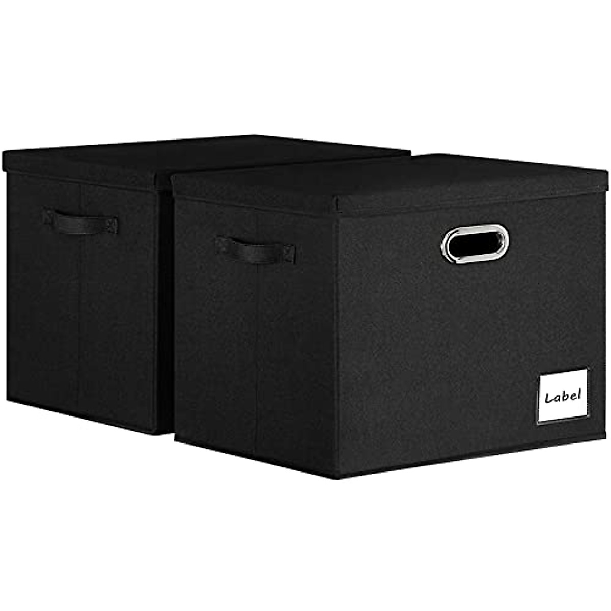 LHZK 4Pack Extra Large Storage Bins with Lids 16x12x12 Foldable Linen Fabric Storage Boxes with Lids, Decorative Fabric Storage Bins with Label & 3 Handles for Shelves Bedroom Home Office-Black,Beige