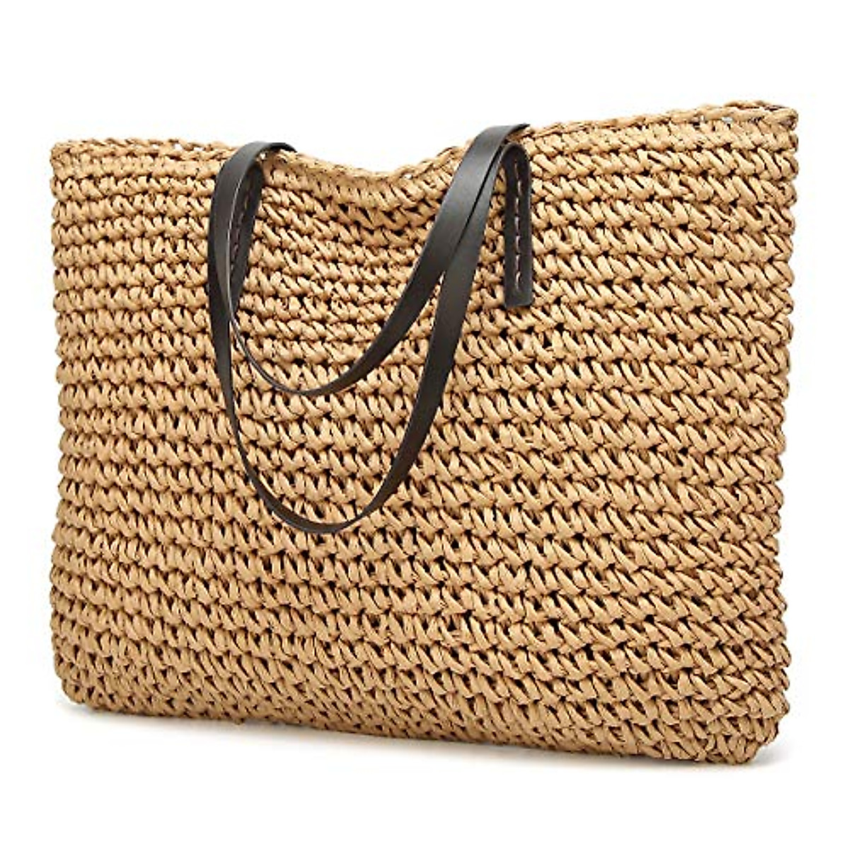 Straw Bag Round Summer Straw Large Woven Beach Bag Purse For Women Vocation Tote Handbags With Pom Poms (Lightcoffee)