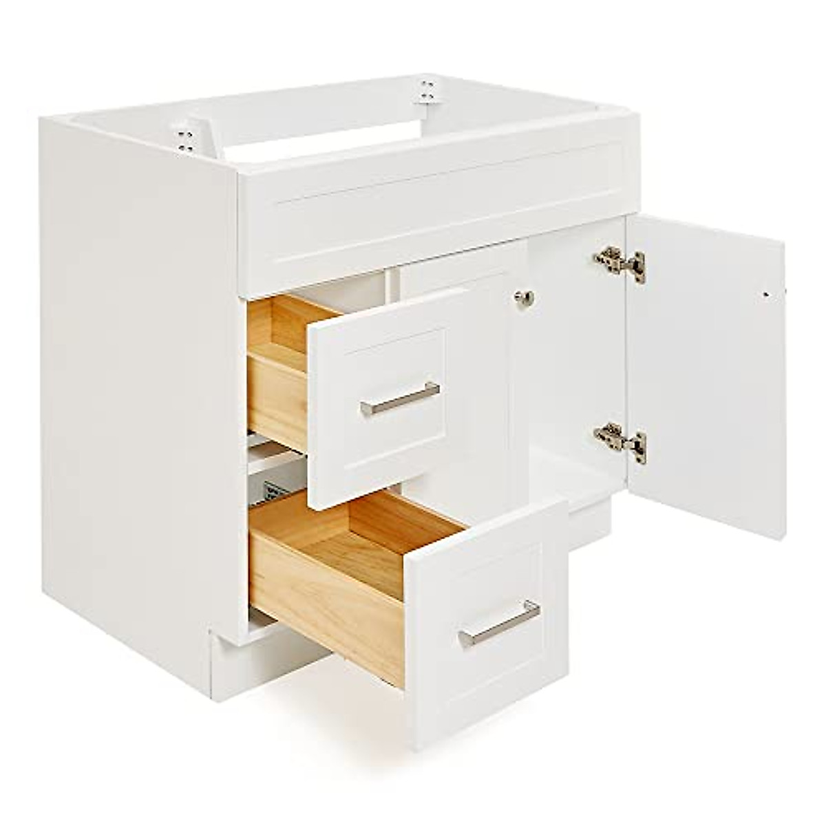 ARIEL 36" White Bathroom Vanity Base Cabinet, Right Offset Sink Configuration, 2 Soft-Closing Doors, 2 Full Extension Dovetail Drawers, 1 Enclosed Large Storage Shelf, Brushed Nickel
