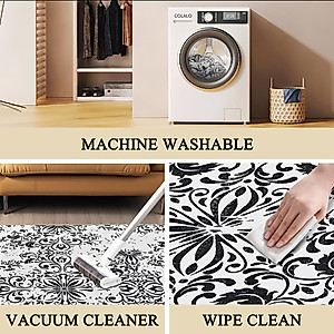 GEMBED Washable Area Rug 5x7 - Soft Non-Slip Floral Area Rug, Non Shedding Low Pile Washable Carpet for Living Room Bedroom Dining Room - Dark Black/White, 5'x7'