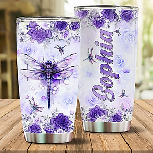 WONWIX Personalized Dragonfly Coffee Mug Cups Gifts For Women Unique Mom, Purple Dragonflies Water Bottle Mothers Day Birthday Christmas Valentine 20oz Stainless Steel Thermos Tumbler Cup With Lid