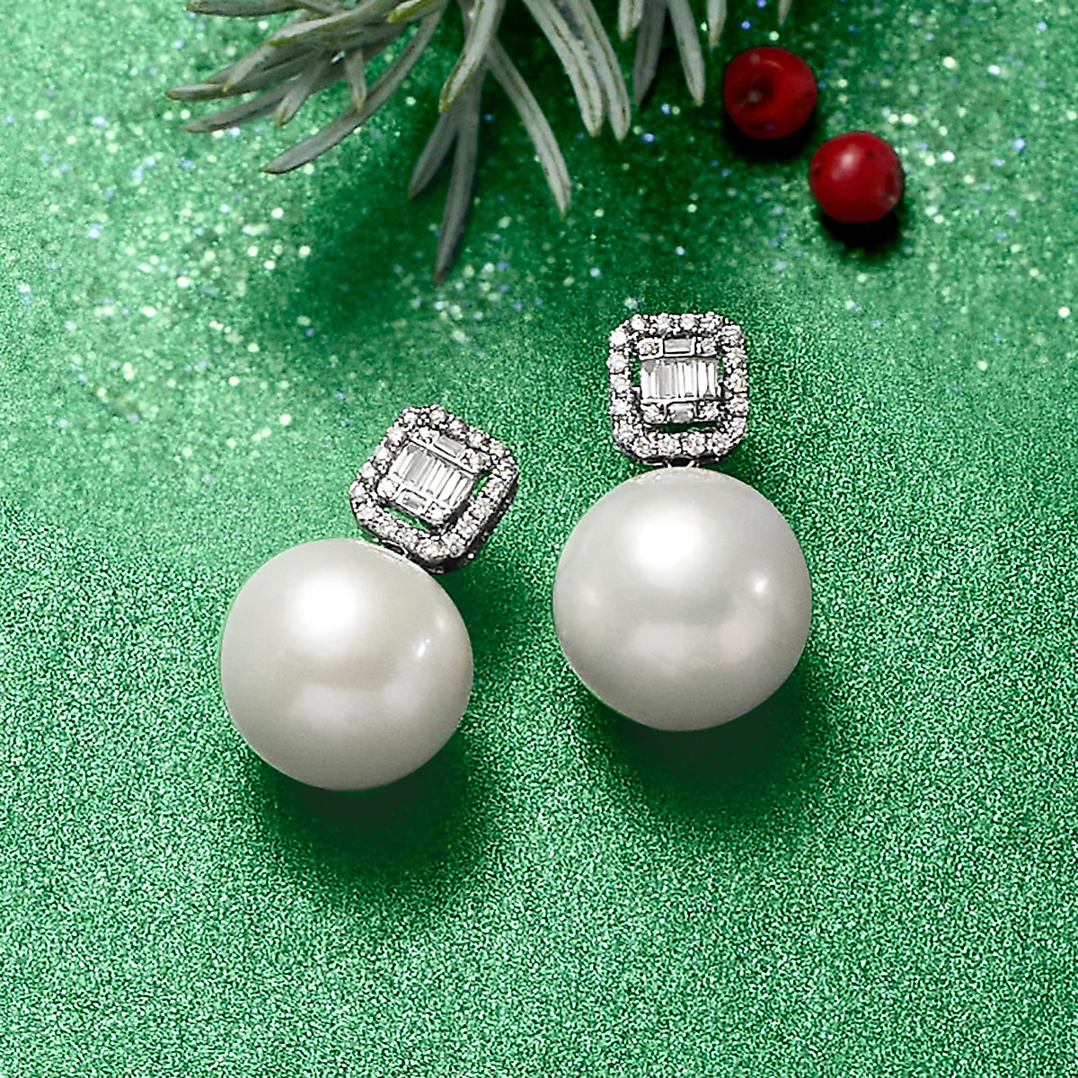 Ross-Simons 12-14mm Cultured Pearl and .42 ct. t.w. Diamond Earrings in 18kt White Gold