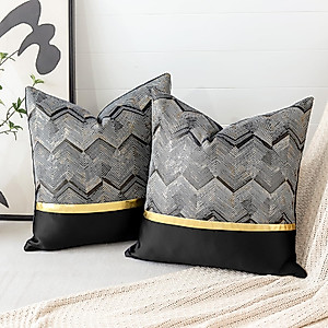 OTOSTAR Set of 2 Throw Pillow Covers for Bed Couch Sofa Car Decor Luxury Modern Minimalist Gold Leather Stitching Wavy Stripes Square Pillowcase Cushion Cover Black, 16x16 Inch