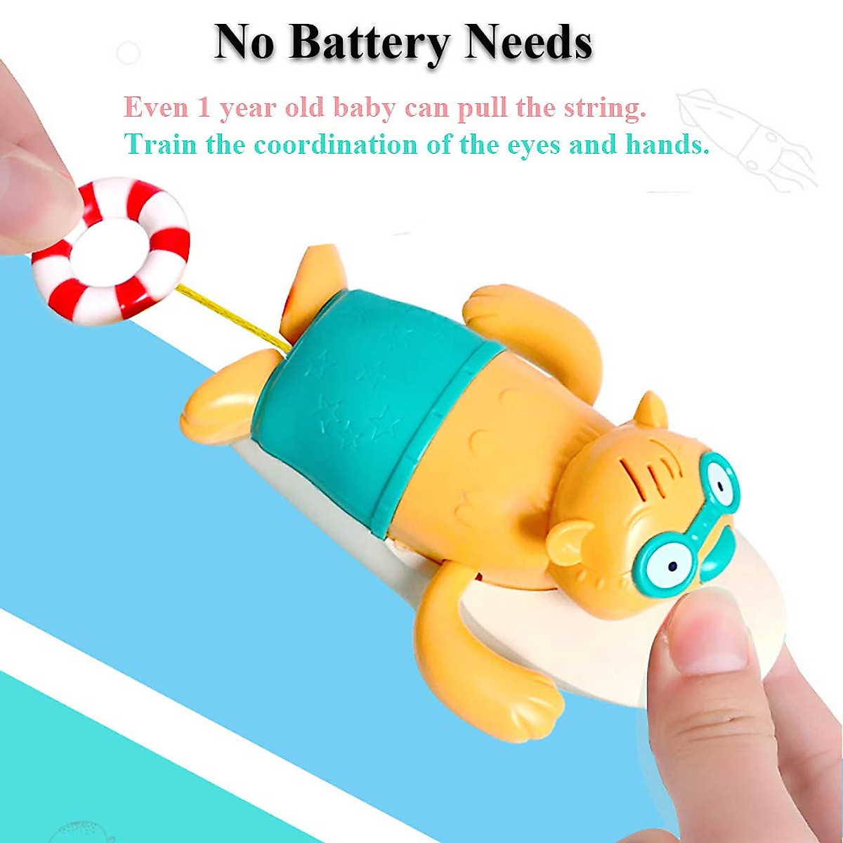 NEXTAKE Pull String Baby Bath Toy Pull & Go Beaver Cute Surfing Beaver Swimming Beaver Windup Clockwork Bathtub Toy for Toddlers (Blue)