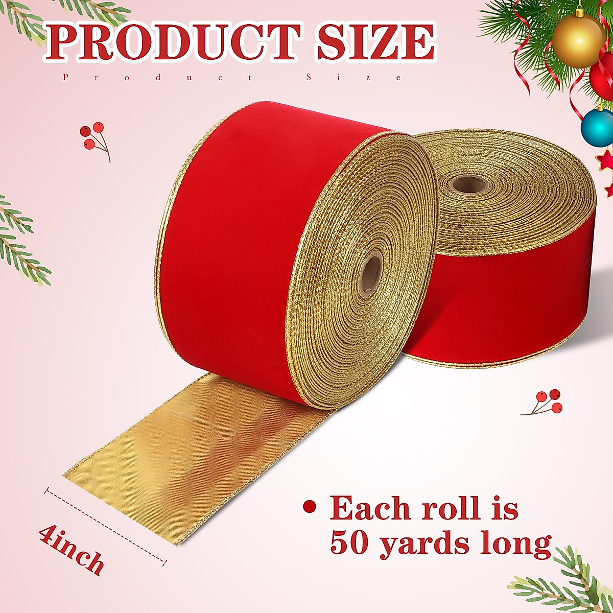 Giegxin 2 Rolls 100 Yard Christmas Velvet Ribbon Wired Gold Edge Ribbon Xmas Gift Wrapping Ribbon for Christmas Crafts Arrangement Decoration(Red and Gold, 4 Inch x 50 Yard)