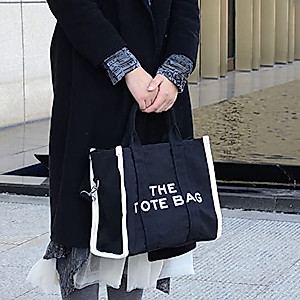 CEDDEOS Canvas Tote Bags for Women, Trendy Travel Denim Shoulder Crossbody Handbag, Casual Large Capacity Tote Purse Neverfull Bag with Zipper, Work for Office School Black