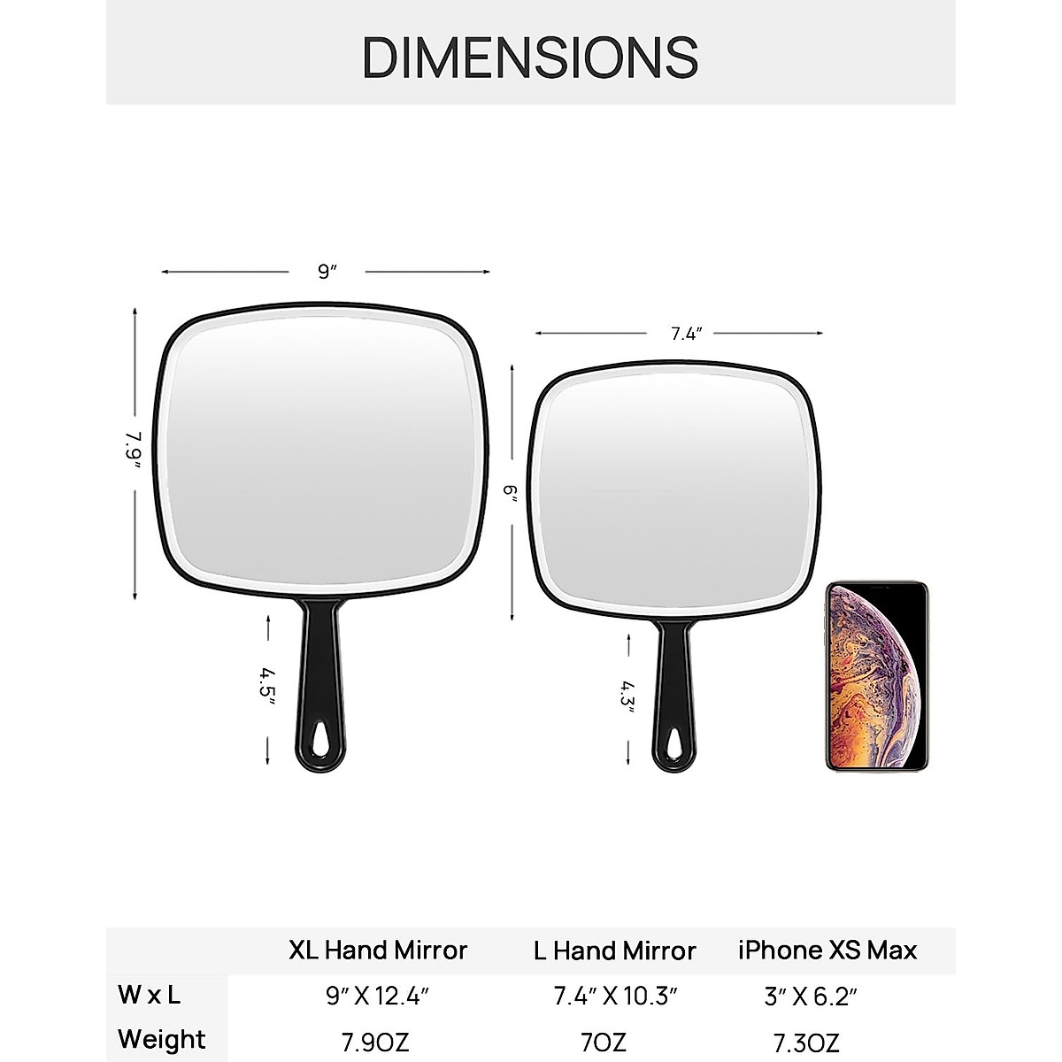 OMIRO Hand Mirror, Large Black Handheld Mirror with Handle, 10.3" L x 7.4" W