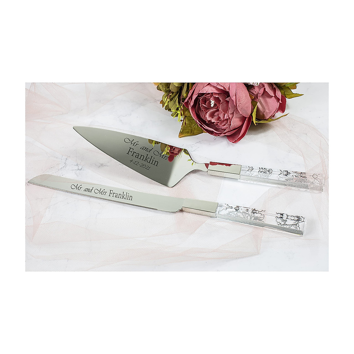 Lenox Bridal Silver Peony Personalized Wedding Cake Cutting Set, Custom Engraved Wedding Cake Knife and Server Set, Accessories and Gifts for Bride and Groom