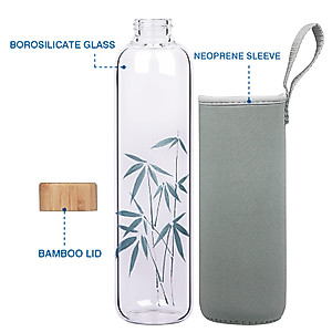 Cleesmil Borosilicate Glass Water Bottle 16 oz / 32 oz BPA Free Reusable Glass Drinking Bottle with Neoprene Sleeve and Bamboo Lid (32 oz, Bamboo)