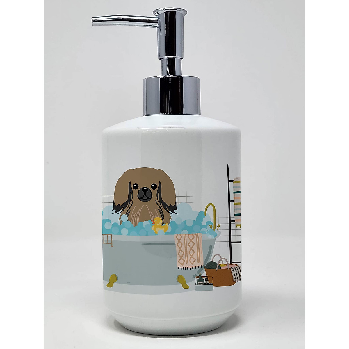 Caroline's Treasures WDK5799SOAP Tan Pekingese in Bathtub Ceramic Soap Dispenser Hand Soap Dispenser Pump Bottles for Bathroom Kitchen, Empty Refillable Liquid Soap Container