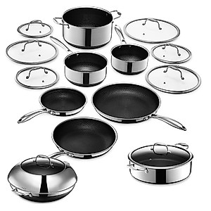 HexClad 16 Piece Hybrid Stainless Steel Cookware Set - 6 Piece Pan , 6 Piece Pot , 7 Quart Deep Fryer and 14 Inch Wok, Stay Cool Handles, Induction Ready, Non-Stick