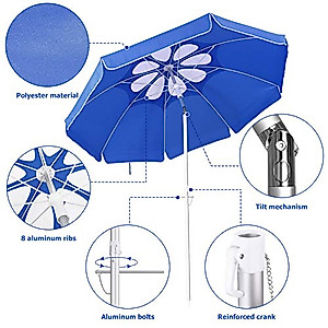CLISPEED 7ft Beach Umbrella for Sand Aluminum Pole UV 50+ Protection Outdoor Windproof Beach Umbrella with Sand Anchor Portable Carry Bag for Beach Patio Lawn Garden Backyard (Dark Blue)