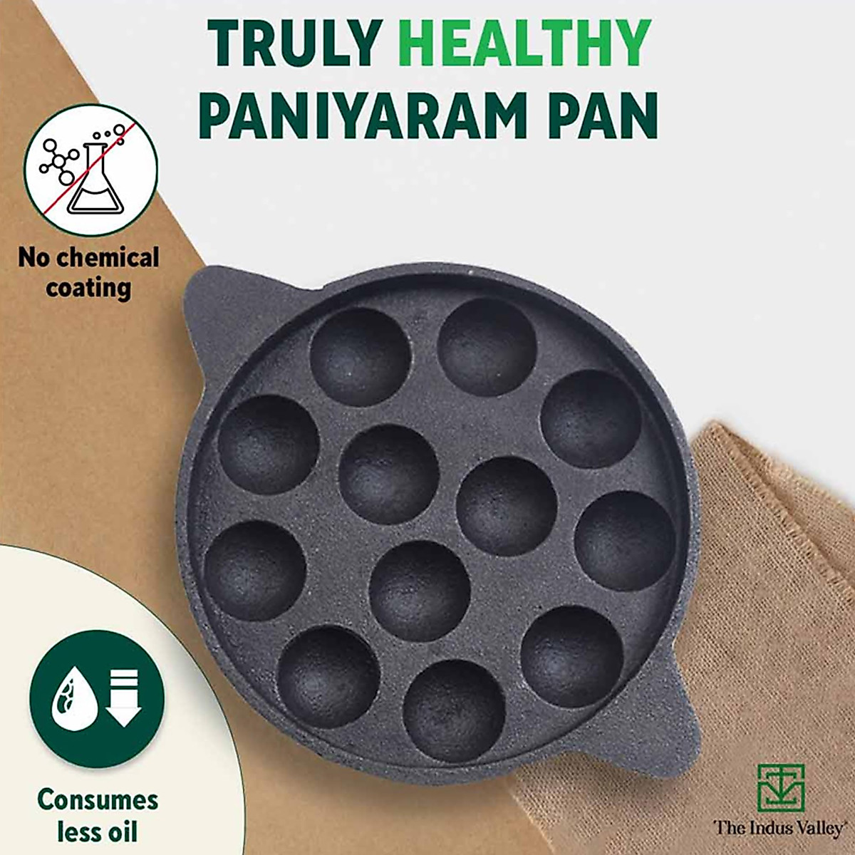The Indus Valley Pre-Seasoned Cast Iron Paniyaram Pan (12 Pits - Twin Handle),Black