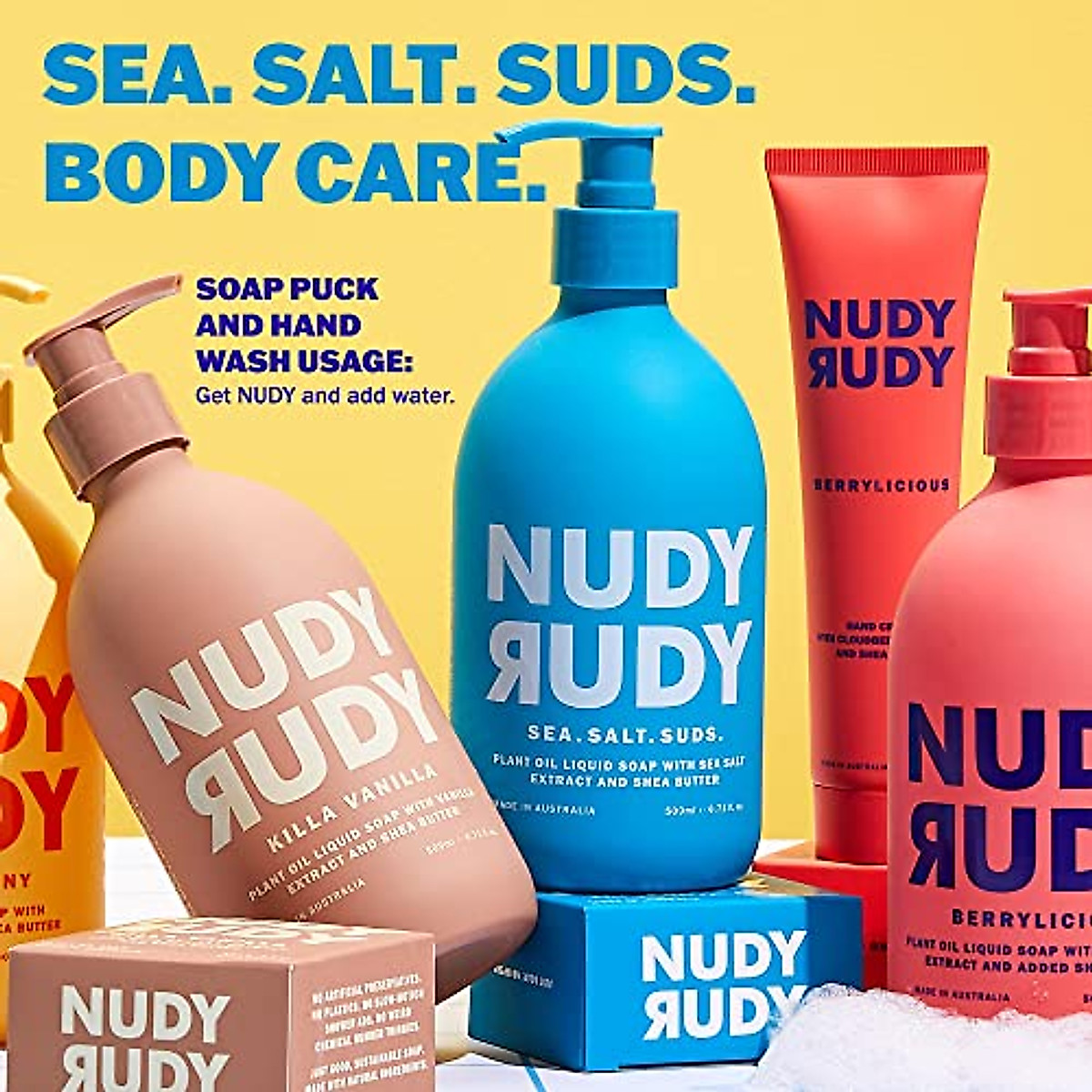 Nudy Rudy - Sea. Salt. Suds. - Liquid Hand Wash + 2 Bar Soap Bundle - Organic Shea Butter - Sea Salt - Non-Greasy - Hand Soap - Body Wash - Skin Care - Men & Women - 16.9 fl oz & 4.2 oz - 3 Pack