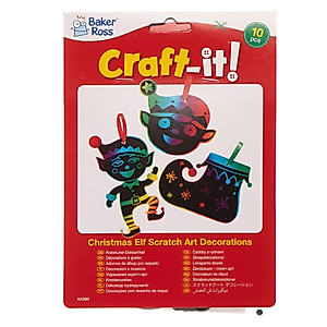 Baker Ross AX395 Christmas Elf Scratch Art - Pack of 10, Magic Scratch Art and Craft Kits for Kids Xmas Eve Activities