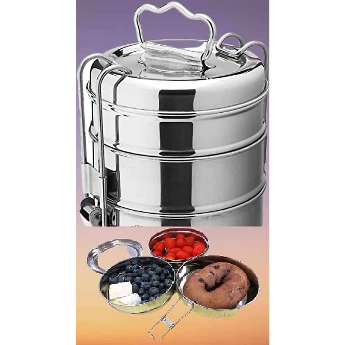 Sharvgun Stainless Steel Food Grade Bento Vintage Wire Tiffin Box, Traditional Indian Lunch Box,Tiffin Box,Food Container,Indian Tiffin, Food storage container 10 cm (3 Tier)