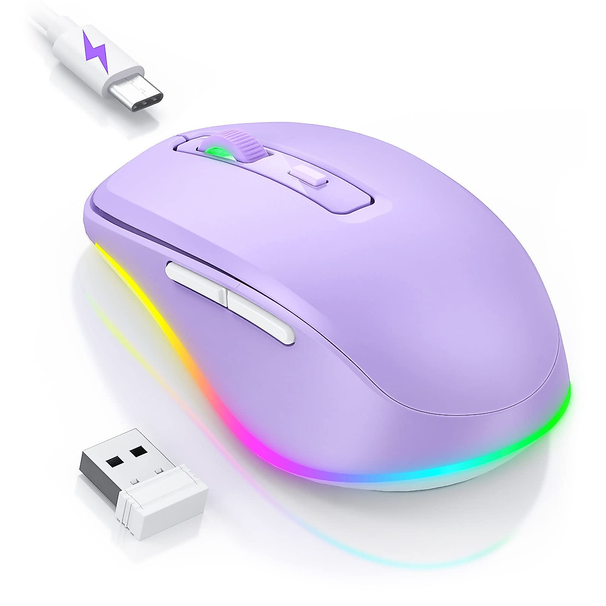 Wireless Mouse Jiggler - LED Wireless Mice with Build-in Mouse Mover, Rechargeable Moving Mouse for Laptop with Undetectable Random Movement Keeps Computers Awake - Purple