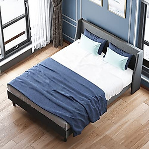 CECER Full Size Bed Frame, Modern Bed Frame with Upholstered Headboard & Broad Wingback Wooden Slat Support, No Box Spring Needed - Dark Grey