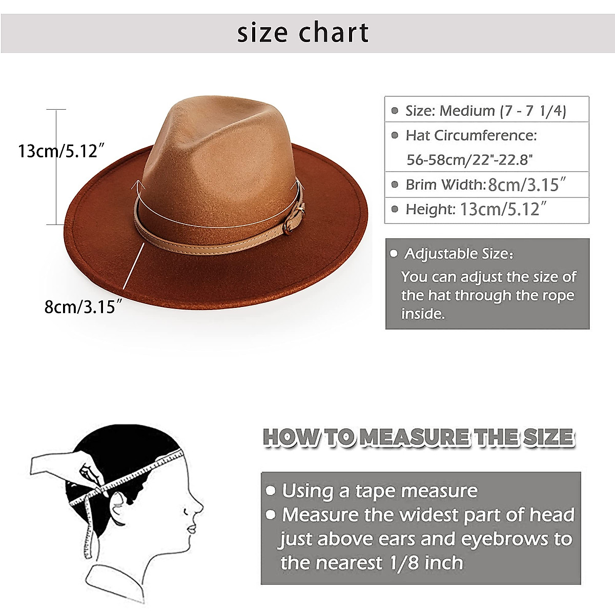 UTOWO Two-Color-Gradient-Ombre Felt-Fedora-Panama-Hats for Women Men, Two-Tone Tie-Dye Wide-Brim Fedora-Hat with Belt Buckle