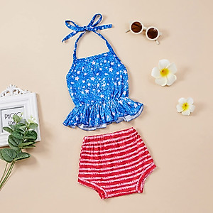 RSKK Toddler Baby Girls Sleeveless 4th-of-July Stars Striped Printed Shorts Outfits, Spring Summer Baby Casual SetsG26 Blue