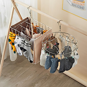 JPORSHU Sock Folding Stainless Steel Sock Drying Rack with 46 Clips,Metal Sock Hangers with Clips，360 DegreesSwivel Hook Wind-Proof Clothes Hanger Rack,for Sock, Bras, Underwear, Laundry Accessories