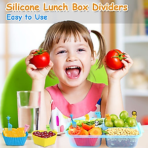 Piklodo 80Pcs Slicone Lunch Box Dividers, 60Pcs Silicone Dividers and 20Pcs Fruit Food Picks, Reusable Lunch Box Divider Inserts Multicolor Silicone Cupcake Liners Lunch Accessories