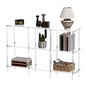 CRTERICX Acrylic Horizontal Bookshelf, 11.8" D x 47.2" W x 31" H, 3-Tier Clear Low Book Shelf with Large Storage, Multipurpose Bookcase for Living Room, Bathroom, Office, Easy Assembly