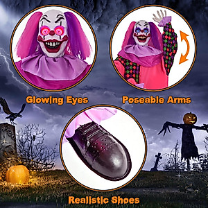 64" Halloween Clown Animatronics with Flashing Red Eyes & Moving Arm, Talking Life-Size Clown Halloween Decorations for Haunted House Outdoor Decorations (Touch and Sound Activated)