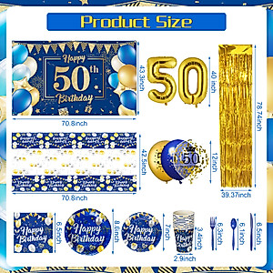 105Pcs Blue Gold 50th Birthday Decorations for Men Includes Navy Blue Happy 50th Birthday Banner 50th Birthday Balloons Gold Foil Fringe Curtains Tableware Set for 50th Birthday Party Supplies