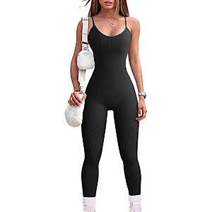 OQQ Women's Yoga Sexy Ribbed One Piece Spaghetti Straps Tummy Control JumpSuit, Black, Medium