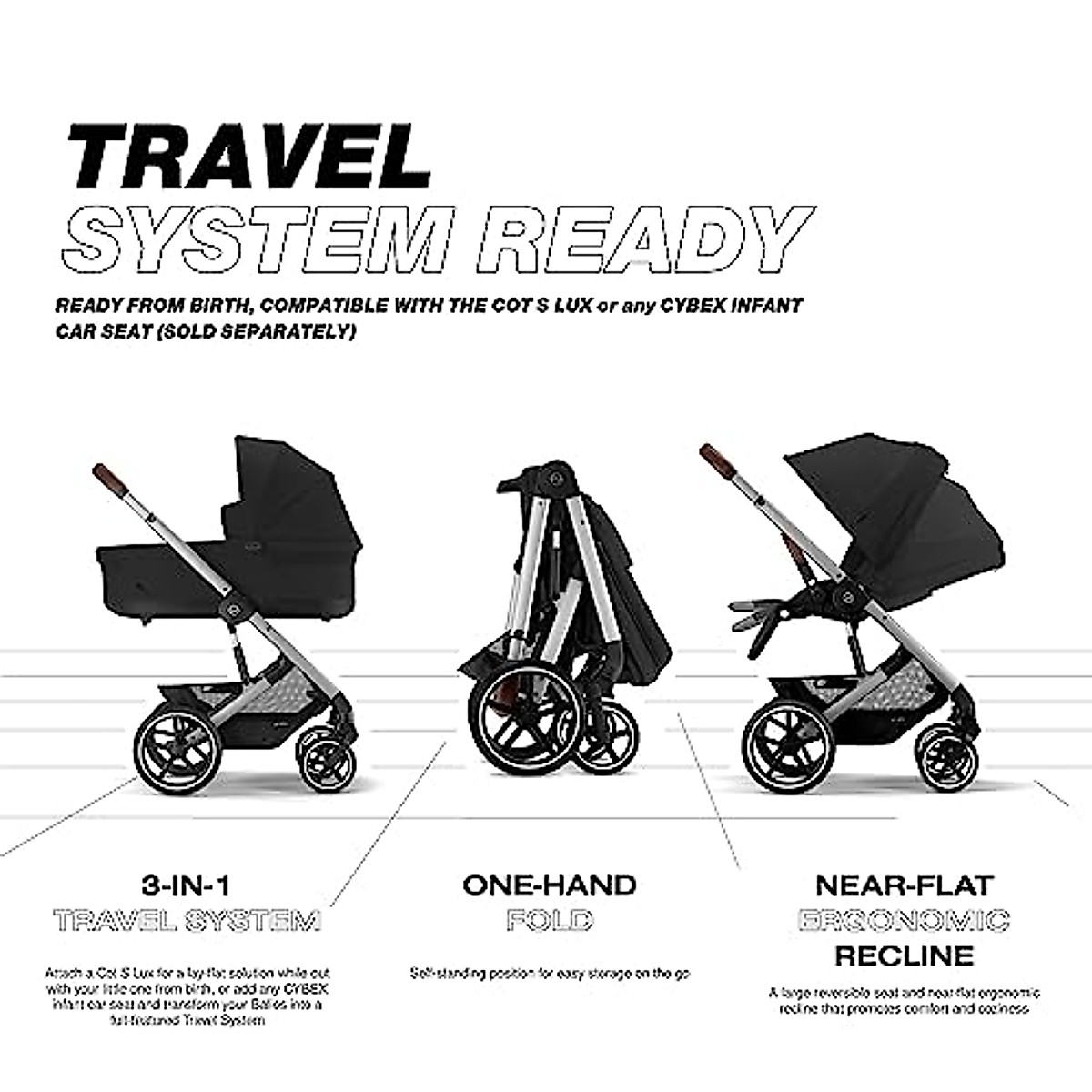 Cybex Balios S Lux Toddler and Baby Stroller with Reversible Seat, Unique One-Pull Harness, and Multiple Recline - Travel System Ready, with One Hand Fold, Silver Frame/Moon Black Seat