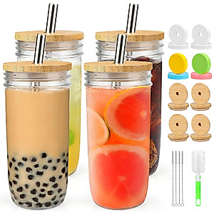 [ 4 Pack ] Glass Cups Set - 24oz Mason Jar with Straw Reusable Wide Mouth Bubble Smoothie Bobo Iced Coffee Cup w 12 Airtight Lids Brush,Tumbler Drinking Bottle for Pearl Tea, Juice